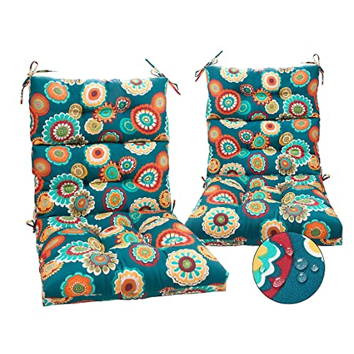 MAGPIE FABRICS Indoor Outdoor Tufted High Back Chair Cushion Set of 2, Waterproof All-Weather Deep Seating Rocking Chair Patio Chaise Lounge Sun Lounger Chair Cushions(Heronsbill Turquoise Green)