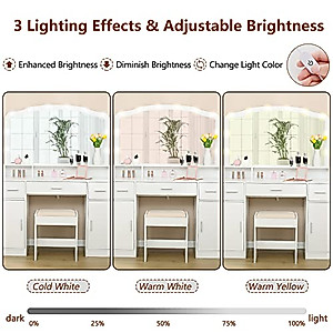 usikey Large Vanity Set with Large Lighted Mirror, Modern Makeup Vanity Table with 3 Drawers, 2 Storage Cabinets & 10 LED Bulbs, Dressing Table with Cushioned Stool for Women, Bedroom, White