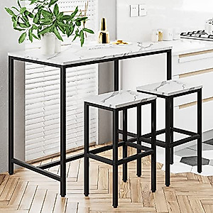 Yongchuang 3 Piece Bar Table Set, Bar Table and Chairs Set of 2, Modern Counter Height Table with 2 Stools for Kitchen, Dining Room, Living Room Breakfast Table White Faux Marble Wood Top