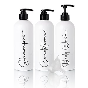 Alora 32oz Reusable Shampoo and Conditioner Bottles - Set of 3 - Easy to Read Labels - Pump Bottle Dispenser for Shampoo, Conditioner, Body Wash - Empty Plastic Refillable Containers for Shower