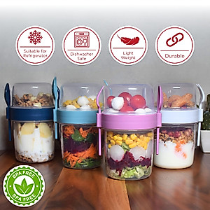 Salda 4 Pack 22 oz Breakfast On the Go Cups, Take and Go Yogurt Cup with Topping Cereal Cup with spoon and fork, Overnight Oats or Oatmeal Container Jar, Colorful Set of 4 (22, Oval, 4, 650ml)
