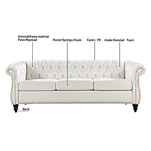 FANYE 84.65" 3-Seaters Chesterfield Clasic Luxury Roller Armrest Soild Wood Legs Sectional,Button Tufted PU Leather Upholstered Modular Sofa Couch with Reversible Cushions & Nailhead Decor, White