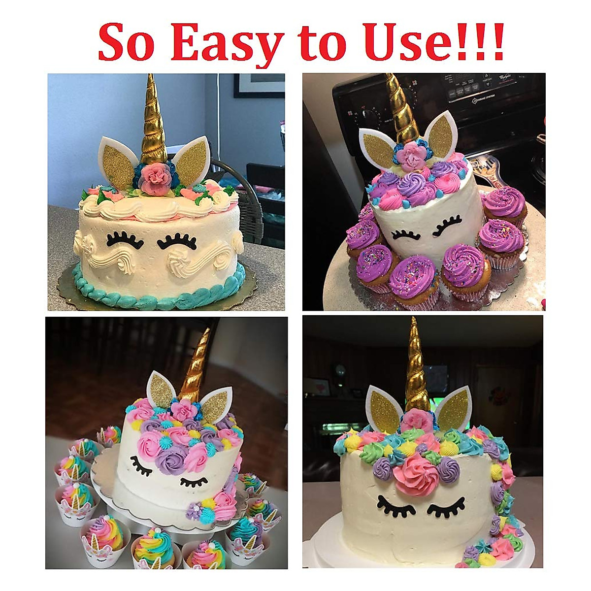 Unicorn Cake Topper with Eyelashes/Gold Unicorn Horn, Ears and Flowers for Birthday Wedding Baby Shower Party Cake Decoration