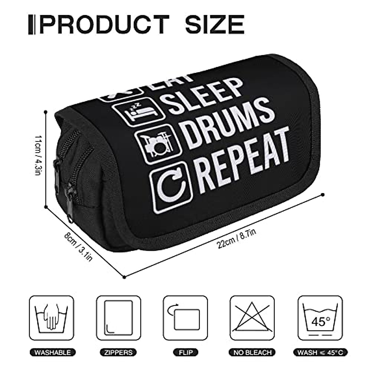 EAT Sleep Drum Repeat Large Capacity Pencil Case Multi-Slot Pencil Bag Portable Pen Storage Pouch with Zipper