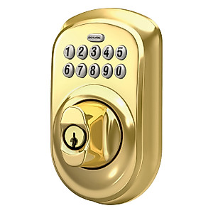 Schlage BE365 V PLY 505 Plymouth Keypad Deadbolt, Electronic Keyless Entry Lock, Bright Brass
