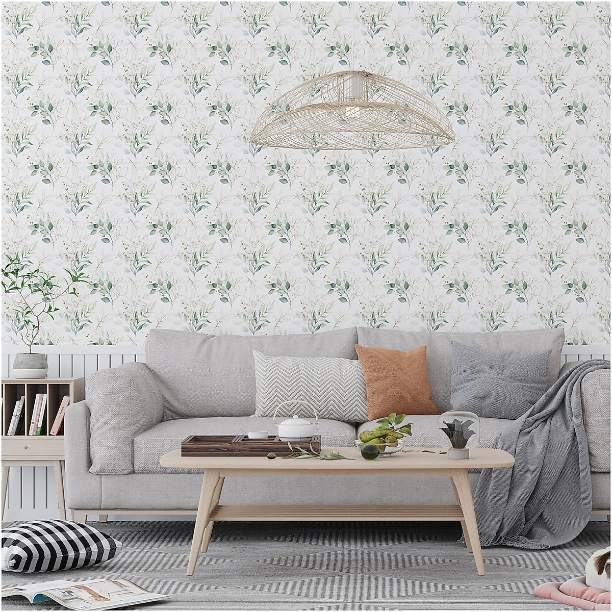 UniGoos Gold Edge Foliage Peel and Stick Wallpaper Green Leaves Vinyl Removable Contact Paper Abstract Branch Leaf Self-Adhesive Wall Paper Roll for Cabinet Living Room DIY Decor 17.7" x118.1"