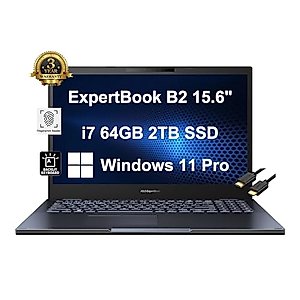 ASUS ExpertBook B2 Business Laptop (15.6" FHD, Anti-Glare, Intel 12-core i7-1260P, 64GB RAM, 2TB SSD) Backlit, Fingerprint, Thunderbolt 4, Wi-Fi 6E, 3-Year Warranty, IST Cable, Win 11 Pro, Black