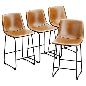 Aowos Bar Stools Set of 4, Modern Counter Height Bar Stools with Back, 26 inch Faux Leather Bar Stools with Metal Legs and Footrest, Urban Armless Dining Chairs for Kitchens Island (Brown)