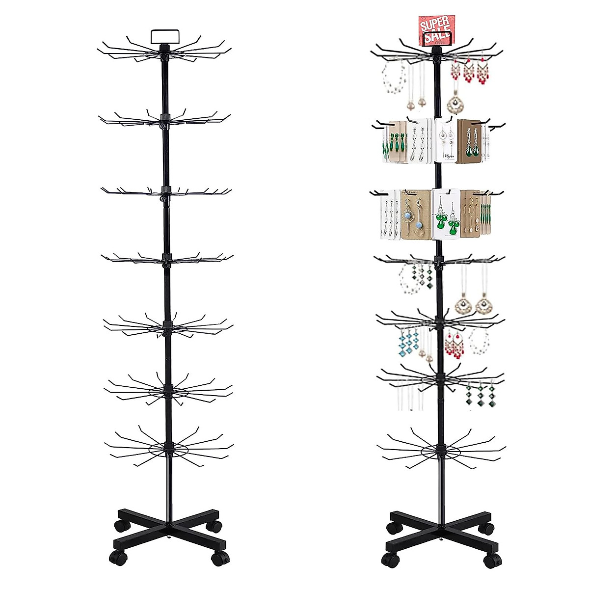 HomeToDou Upgraded Retail Display Rack with Card Clip,7 Tier Craft Show Racks,Store Display Shelves,Adjustable Rotating Stand,Jewelry Keychain Socking Hats,Movable Shop Spinner for Toys Show(Black)