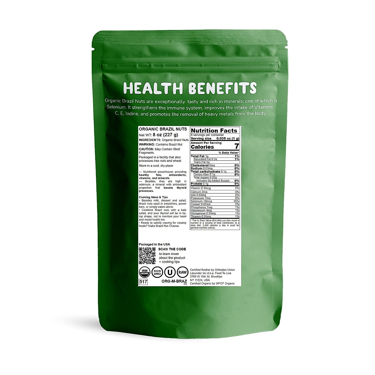 Food to Live - Organic Brazil Nuts, 8 Ounces – Non-GMO, Raw, Whole, No Shell, Unsalted, Kosher, Vegan, Keto, Paleo Friendly, Bulk, Rich in Selenium