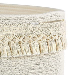 Mkono 3 Pack Storage Baskets Bins for Shelves Boho Toys Organizer Decor Small White Woven Cotton Rope Basket with Macrame Tassels Books Towel Storage for Bedroom Nursery Living Room, 13" x 8.6" x 7.8"