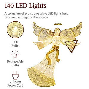 Best Choice Products 5ft Lighted Outdoor Angel Christmas Decoration, Pre-Lit Winged Holiday Figure for Lawn w/ 140 LED Lights, Harp, Bow, Halo, Zip Ties, Ground Stakes