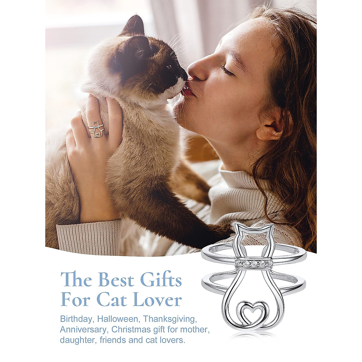SILVERCUTE 925 Sterling Silver Cat Cute Ring Glittering Heart Cubic Zirconia Sparkle Adjustable Ring