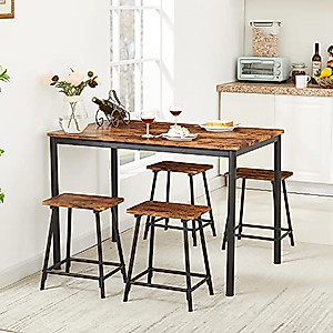 VECELO 5 Piece Dining Table Set for 4-6 Persons Rectangular Bar Dinette Metal and Wood Kitchen Furniture with 4 Stools for Breakfast Nook, Restaurant, Living Room, Space Saving, Industrial Brown