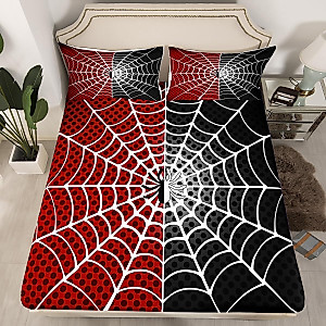 Manfei Spider Kids Fitted Sheet Twin Size, White Spider Web Black Dots Bedding Set 2pcs for Boys Girls Room Decor, Red and Black Bed Cover with 1 Pillowcase, Soft Polyester Bedding, No Top Sheet