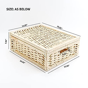 KINGWILLOW Wicker Basket with Lid, Rectangular Wooden Framed Woven Storage Bin with Inside Handles