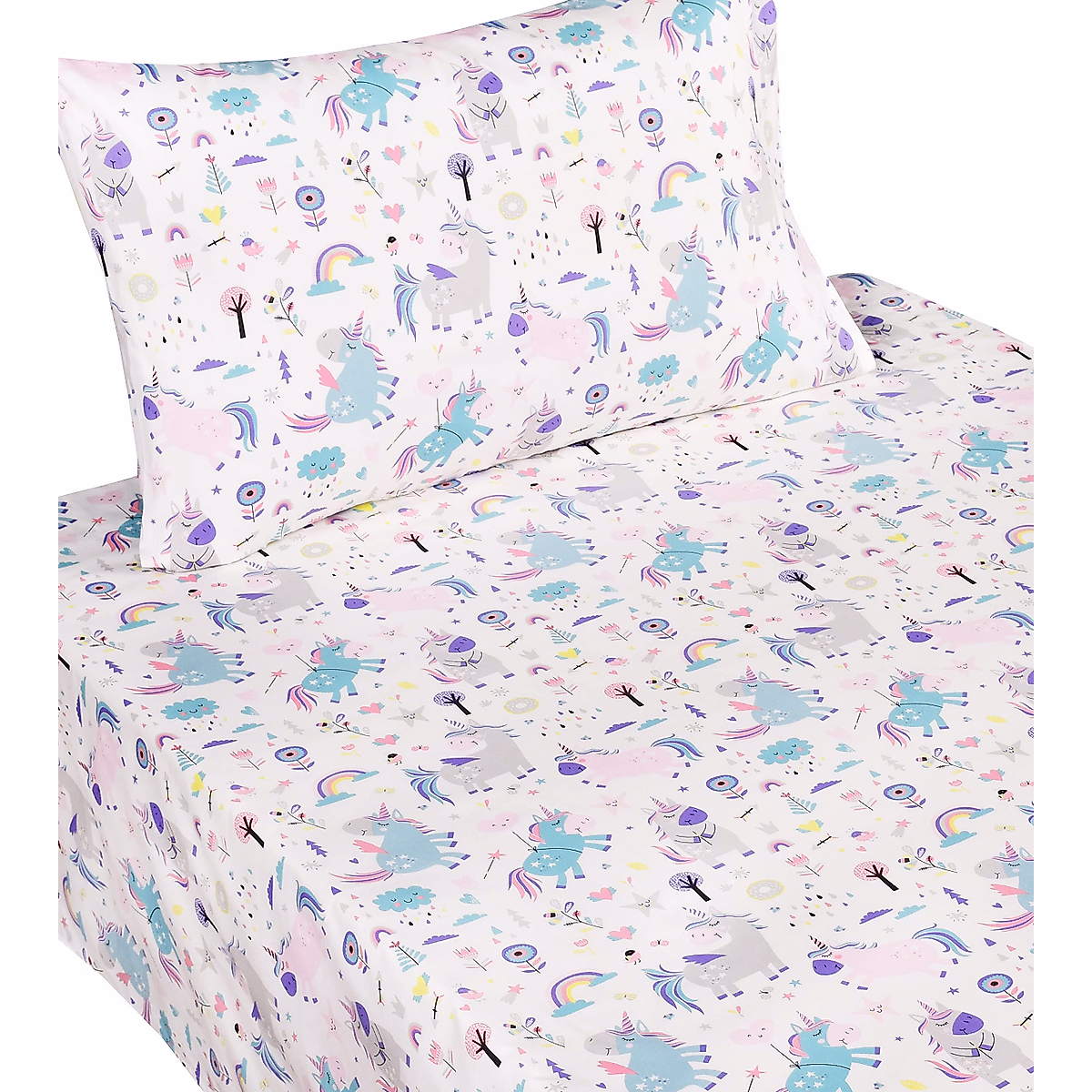 Scientific Sleep Cute Unicorn Flower Rainbow 100% Cotton Cozy Twin Bed Sheet Set, Flat Sheet & Fitted Sheet & Pillowcase Natural Bedding Set (Unicorn, Twin)