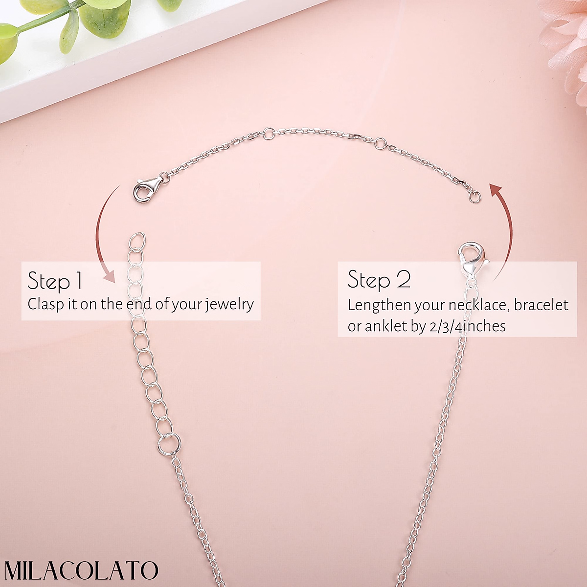 Milacolato 925 Sterling Silver Necklace Extenders 18K White Gold Plated Link Chain Extenders Lobster Clasp Durable Adjustable Extension 1" 2" 3" 4", Silver Set