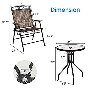 S AFSTAR 3-Piece Bistro Set, Patio Dining Furniture Set, Round Textured Glass Tabletop w/Umbrella Hole, Outdoor Conversation Set for Backyard Garden Poolside