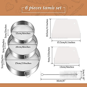 6 Pieces Tamis Flour Sieve Set 6 Inch 8 Inch 10 Inch Flour Sieve 60 Mesh Stainless Steel Round Sifter for Baking with Dough Scraper and Cleaner Brush