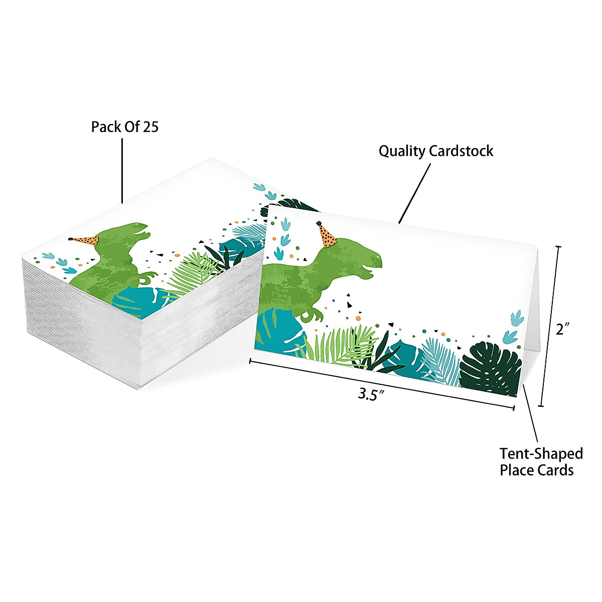 Table Place Card, Dinosaur Themed Tent Style Cards, Pack of 25 Half-Fold Reception Place Card, Green Blue Dino Food Labels, Perfect for Baby Shower, Dinosaur Birthday Party C06