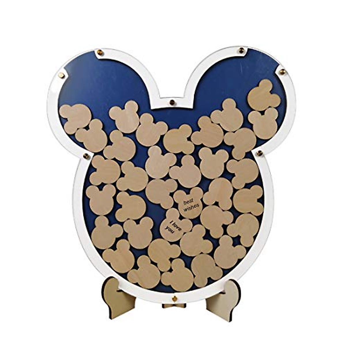 PAPA LONG Woodland Alternative Baby Shower Guest Book for Mickey Mouse Baby Shower or Birthday Party Decorations Including 42pcs Small Wooden Mouse Head Cutouts for Wishes