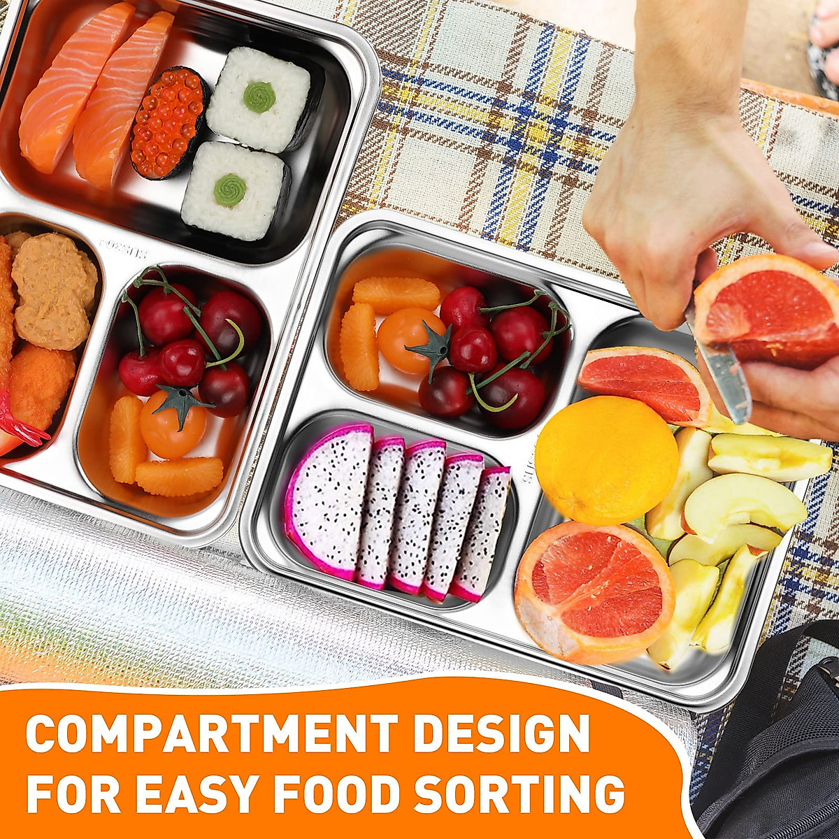 Zopeal 8 Pack 304 Stainless Steel Divided Plates Tray Rectangular Metal Dinner Section Plates for Adults Kids Food Portion Control Camping Lunch(3 Compartment Style)