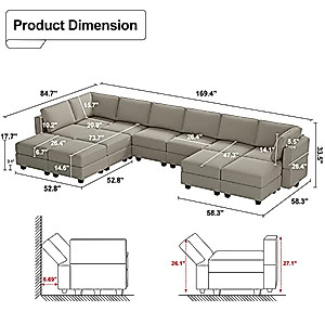 Belffin Oversized U Shaped Sectional Couch with Reversible Double Chaises Velvet Modular Sectional Sleeper Sofa with Storage Grey