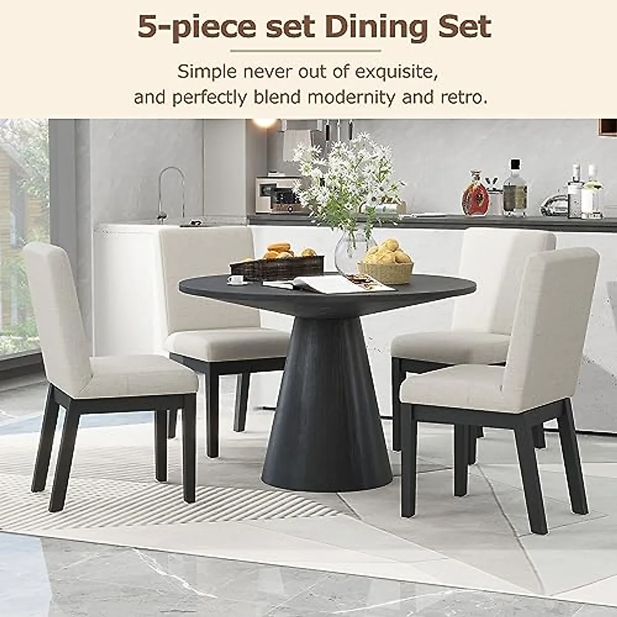 FIQHOME Round Set 5 Piece Retro Style, Wood 4,Kitchen Table and 4 Upholstered Chairs for Living, Dining Room,Black