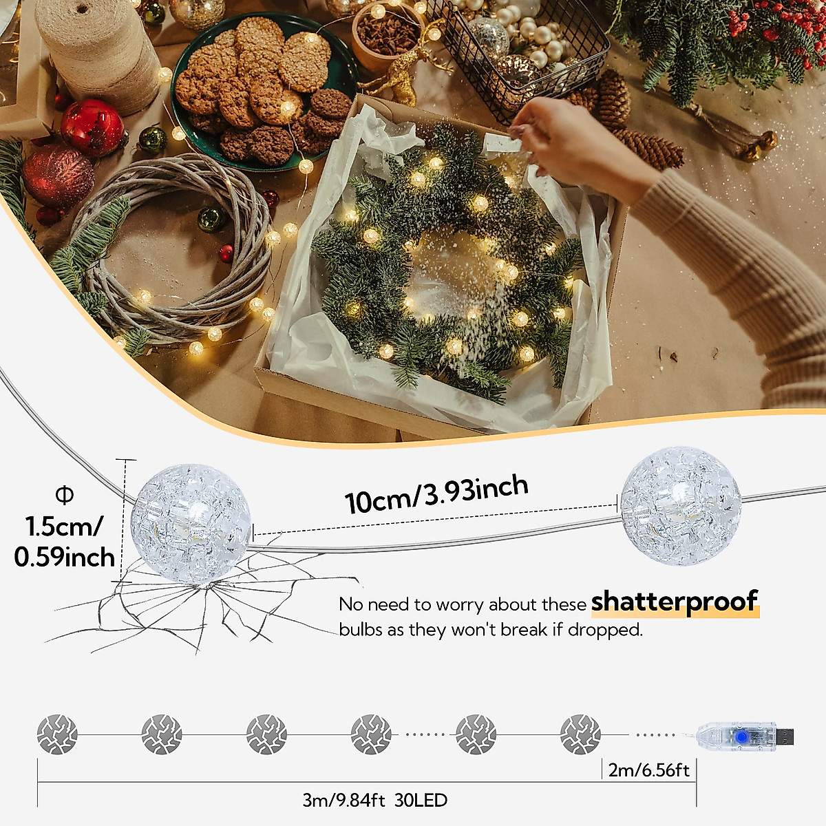 BEEWIN Globe String Lights,10FT 30 LED Decorative Christmas Lights,8 Modes Crystal Crackle Ball Lights,USB Twinkle Fairy Lights for Bedroom,Indoor,Outdoor,Classroom,Wedding,Party,Garden,Warm White