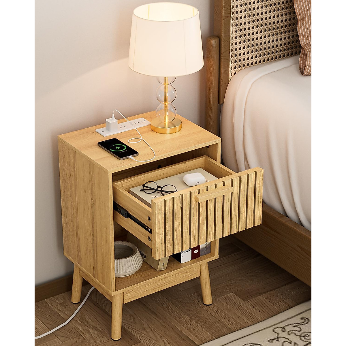 Aobafuir Wood Nightstand, Night Stand for Bedroom, Bedside Table with Drawers, Farmhouse End Table with Storage for Living Room (Retro)