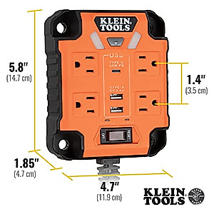 Klein Tools 29601 Magnetic Power Strip with Surge Protector, Extension Cord, 4 Outlets, 3 USB Ports, 5-Foot Cord, Power Supply Box with Light, PowerBox 1, Heavy Duty