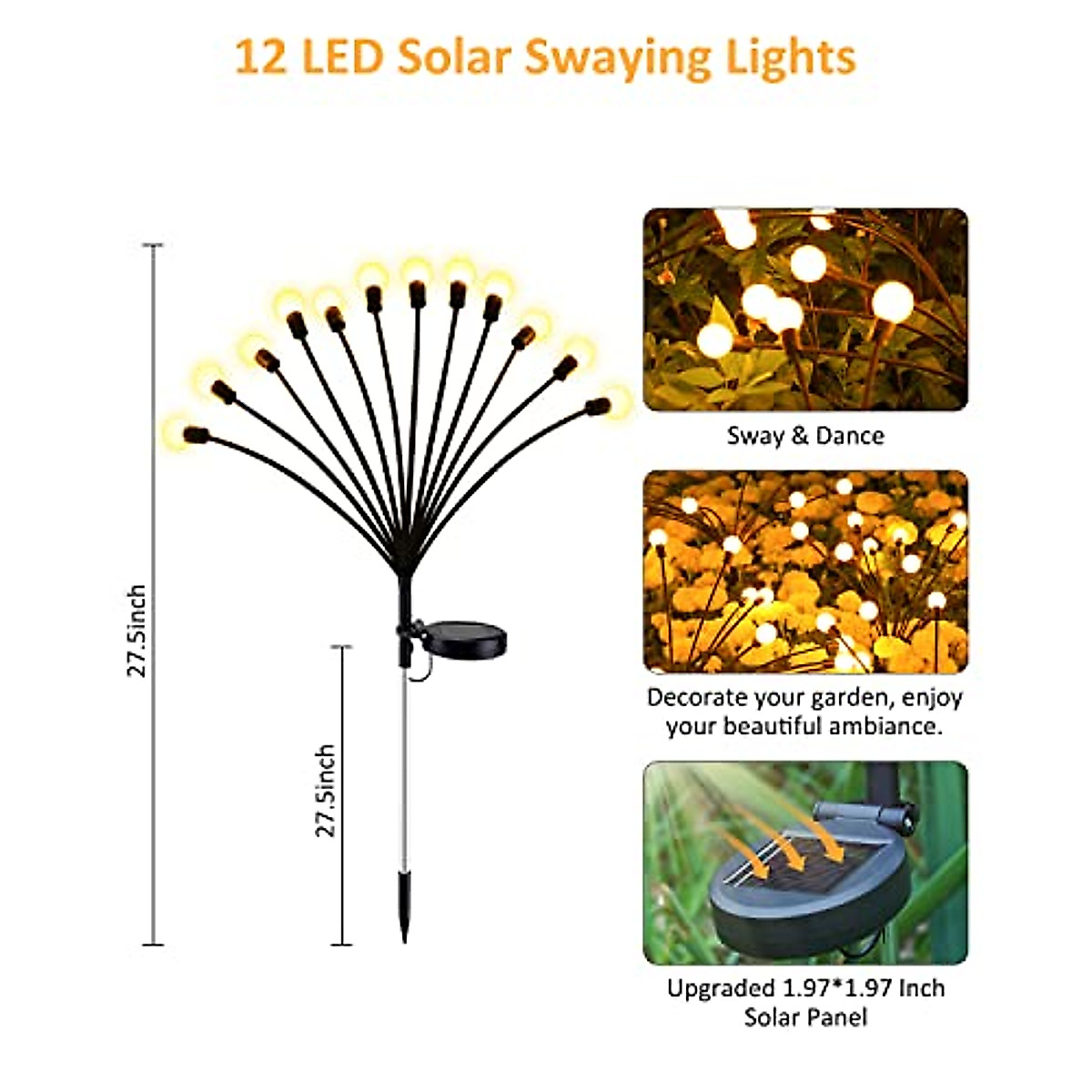 Solar Powered Firefly Garden Lights, 8 Pack 12 LED New Upgraded Swaying Solar Garden Lights with 2 Lighting Mode, Solar Firefly Lights Outdoor Waterproof for Yard Patio Pathway Decoration,Warm White