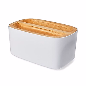 Sonder Los Angeles, Modern Bamboo Fiber (White) Bread Box for Kitchen Countertop with Reversible Wood Serving Lid, Homemade Bread Storage 14.25 x 9.25 x 7in, Storage Bin and Bread Container