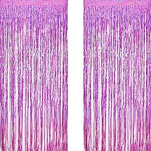 Miliocry 2 Pack 3.3 x 8 ft Pink Foil Fringe Curtains, Metallic Tinsel Curtain Backdrop for Parties, Door Wall Streamers, Glitter Streamer for Birthday, Photo Booth Props, Christmas Party Decor