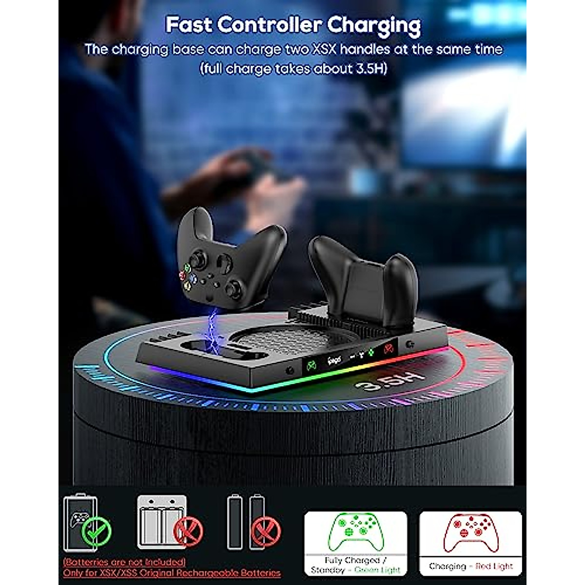 Upgraded RGB Cooling Fan Charging Station for Xbox Series X Console & Controller, Wireless Dual Charger Dock & Cooler System Stand with 15 Colorful Light Modes for Xbox Series X & Accessories Storage