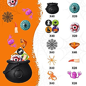 320 Pieces Halloween Game Toy Gifts 40 Pack Prefilled Cauldrons with Halloween Toy Eyeballs with Spider Rings Pumpkin Spinner Tops Halloween Toy Eyeballs Sticky Hands for Halloween Party Favors