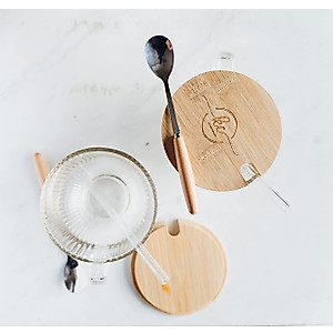 KC 2pc Glass Coffee Vintage Mug Set With Bamboo Lid And Glass Straw - 15oz Jumbo Glass Cup With Stainless Steel + Bamboo Spoon And Glass Straw - Glass Snack Bowl With Spoon