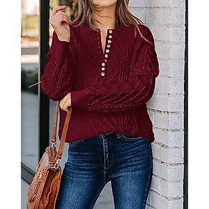KIRUNDO Womens Sweaters 2024 Fall Winter Henley Long Sleeve Button Crew Neck Cable Knit Loose Cropped Sweater Pullover(Jujube Red, Large)