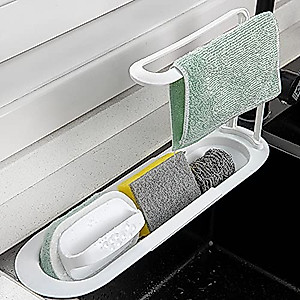LIFOND Kitchen Sink Caddy Telescopic Sink Tidy Storage Rack Expandable Sink Caddy Organizer with Towel Bar Under Sink Organiser Adjustable Sponge Holder Brush for Kitchen Bathroom,White