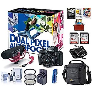 Canon EOS M50 Mirrorless Camera Video Creator Kit w/EF-M 15-45mm Lens, Black, Bundle with Rode VideoMic GO, Cam Bag, 32+16GB SD Card + Case, Filter Kit, Cleaning Kit, Mac Software Kit, Card Reader