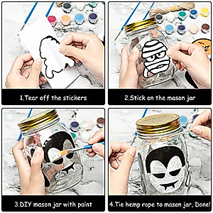 Haooryx 21Pcs DIY Halloween Mason Jar Sticker Set, DIY Your Own Mason Jar Art Craft Kit Sticker Pigment Paintbrush Hemp Rope for Halloween Party Home Decorations Classroom DIY Art Project Kids Gift