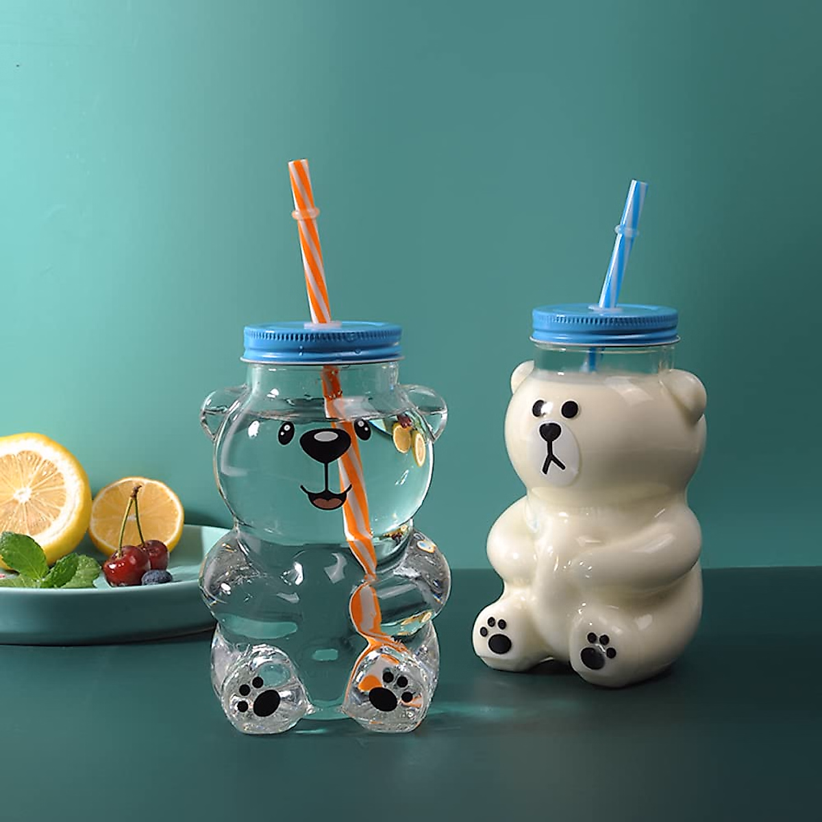Kawaii Bear Sippy Cup 19oz Clear Bear Glass Cup with Lid and Straw Cute Kawaii Bear Glass Bottle Mug for Juice Milk Tea Smoothies Infused Water Beverage Food Grade Microwave Safe (Smiling Bear)