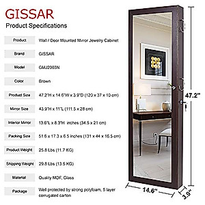 GISSAR Jewelry Mirror Armoire Wall Mount Over The Door, Mirror Jewelry Cabinet Storage Organizer Locking (Brown)