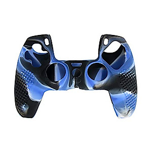 Camouflage Antislip Silicone Skin Protective Rubber Anti-Slip Case Cover with 8pcs Thumb Grips Stick Joystick Cap for Playstation 5 PS5 Controller Gamepad Game Protector Cover (Dark Blue)