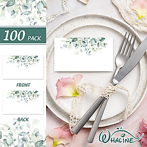 Whaline 100Pcs Greenery Place Cards 2 x 3.5 Inch Watercolor Green Leaves Tented Cards Blank Table Name Sign for Wedding Banquet Bridal Baby Shower Birthday Party Table Setting Supplies