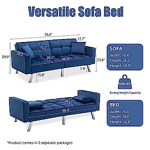civama Futon Sofa Bed, Velvet 76" Twin Size Couch with 2 Pillows, 3-Seater 3 Angles Convertible Tufted Loveseat Sleeper for Living Room, Modern Upholstered Armrest Folding Futon, Blue, Metal Leg