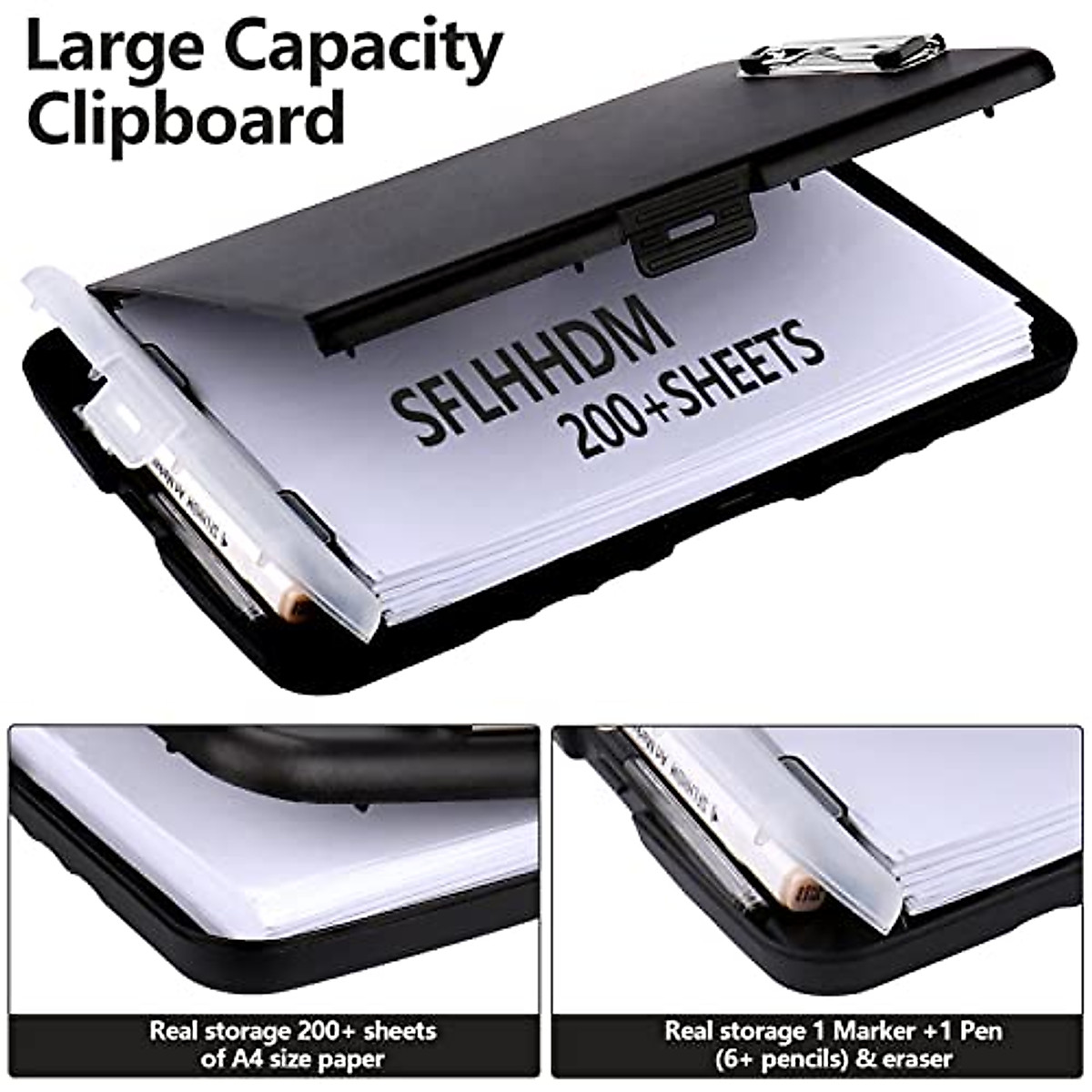 Clipboard with Storage, A4 Binder Clipboards with Pen Holder,Heavy Duty Plastic Storage Clipboard with Low Profile Clip,Nursing Clipboard Folder Side-Opening,Smooth Writing Clip Board for Office-Black
