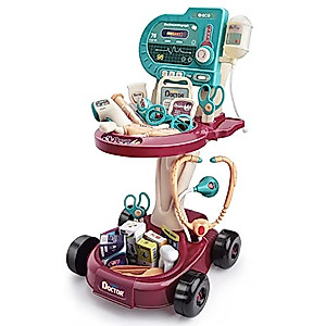 Deejoy Toy Doctor Kit for Kids , Pretend Medical Station Set for Boys & Girls，24 Accessories Mobile Cart with Lights, Eye Chart,, Thermometer, Stethoscope, Pulse Machine，Great Gift for Toddlers