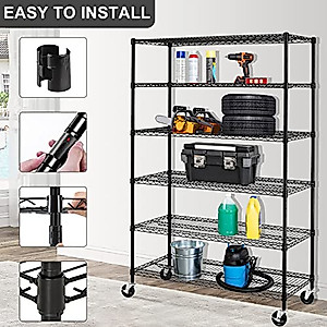 Dlewmsyic 6 Tier Storage Shelves, 5999 Lbs Capacity Metal Shelf with Wheels Height Adjustable NSF Certification 48" L×18" W×72" H Heavy Duty Wire Shelving Units for Garage Pantry Kitchen Rack, Black